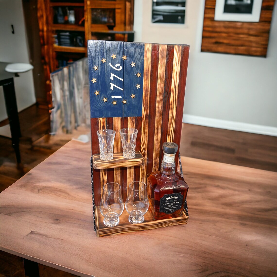 Handmade 1776 Flag Whiskey Rack, Wood Burnt Patriotic Bar Decor - Etsy
