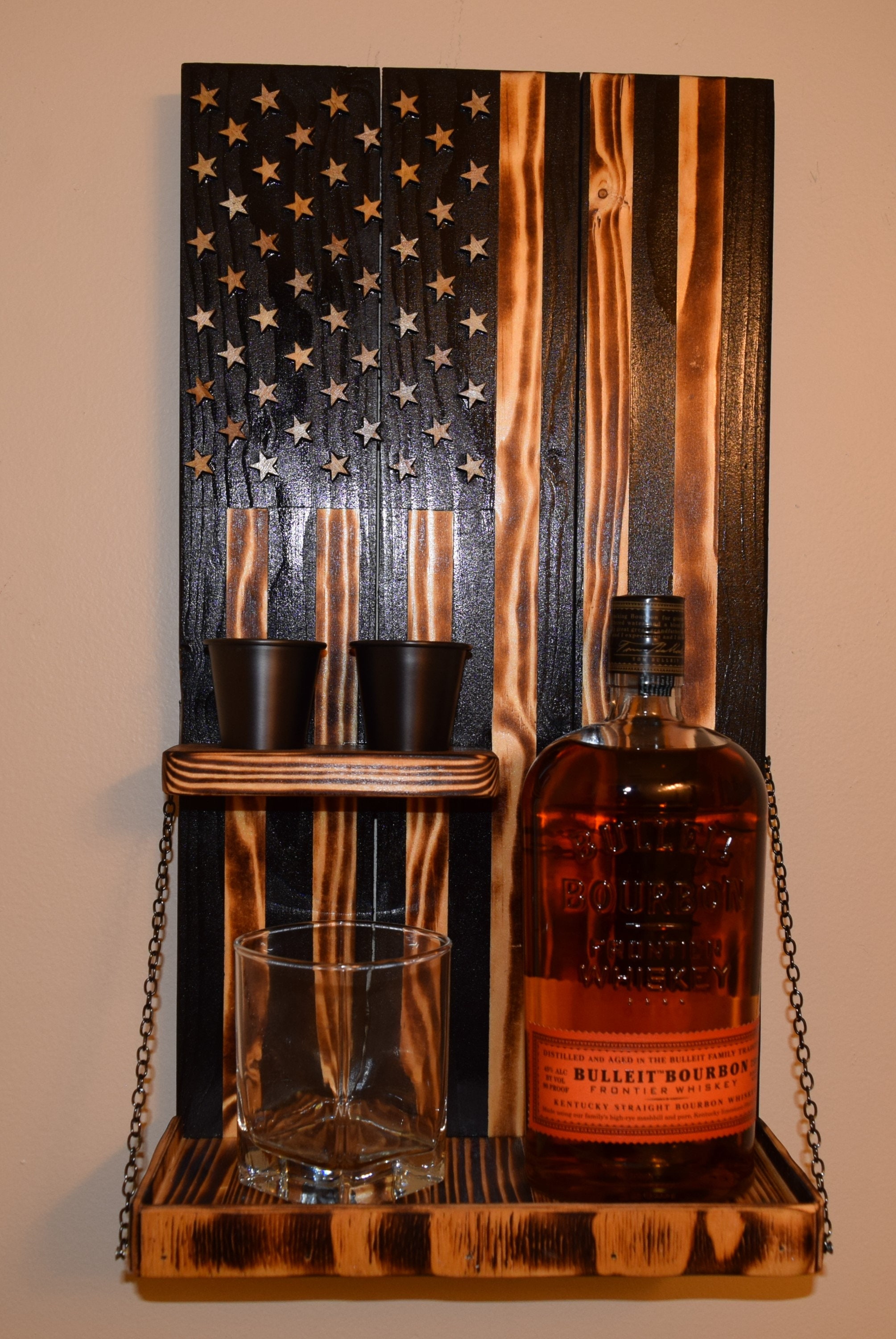 American Flag Whiskey Rack Black and Wood Burnt, Patriotic Whiskey ...