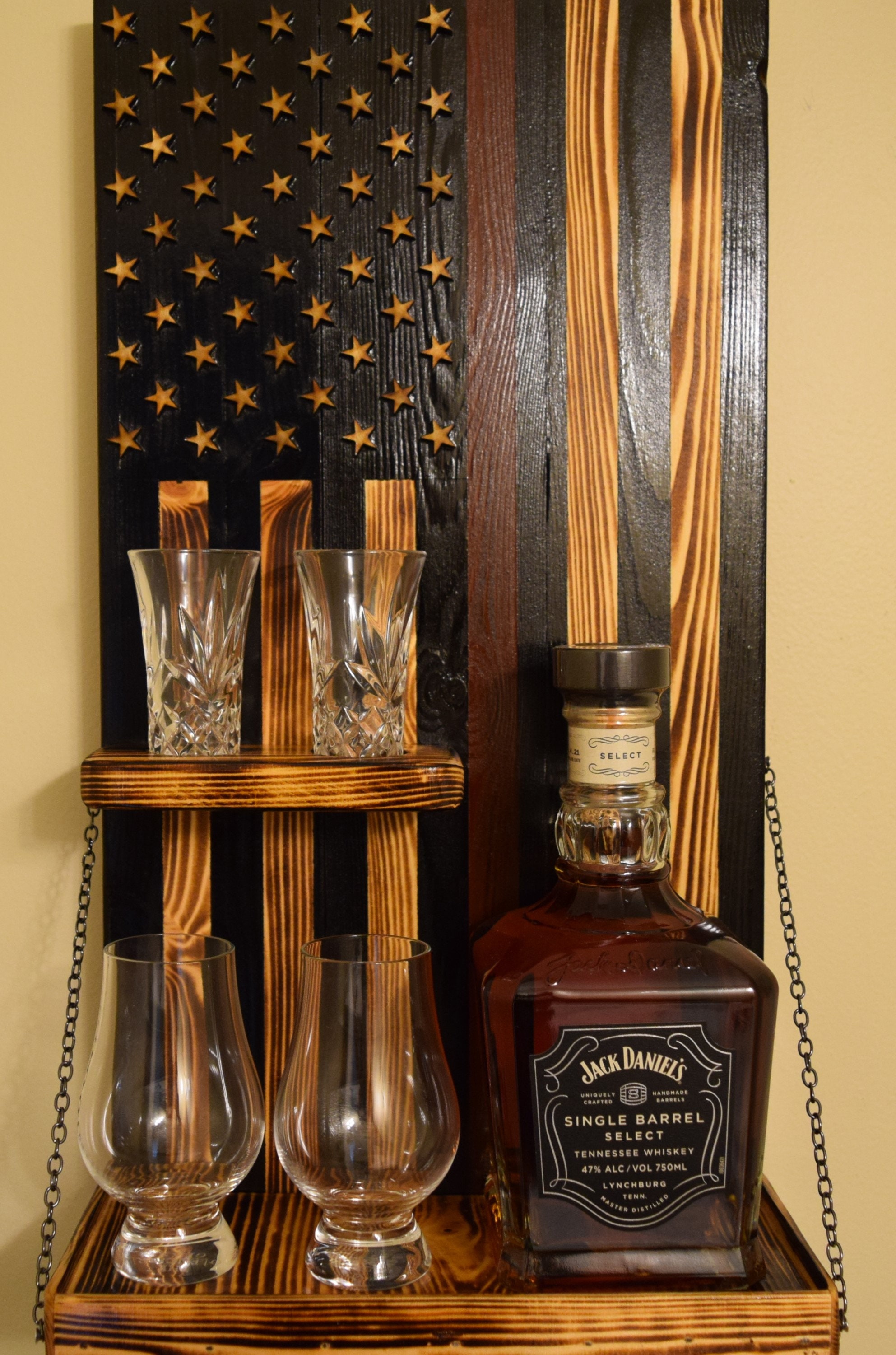American Flag Whiskey Rack Black Wood Burnt and Red Line, Whiskey ...