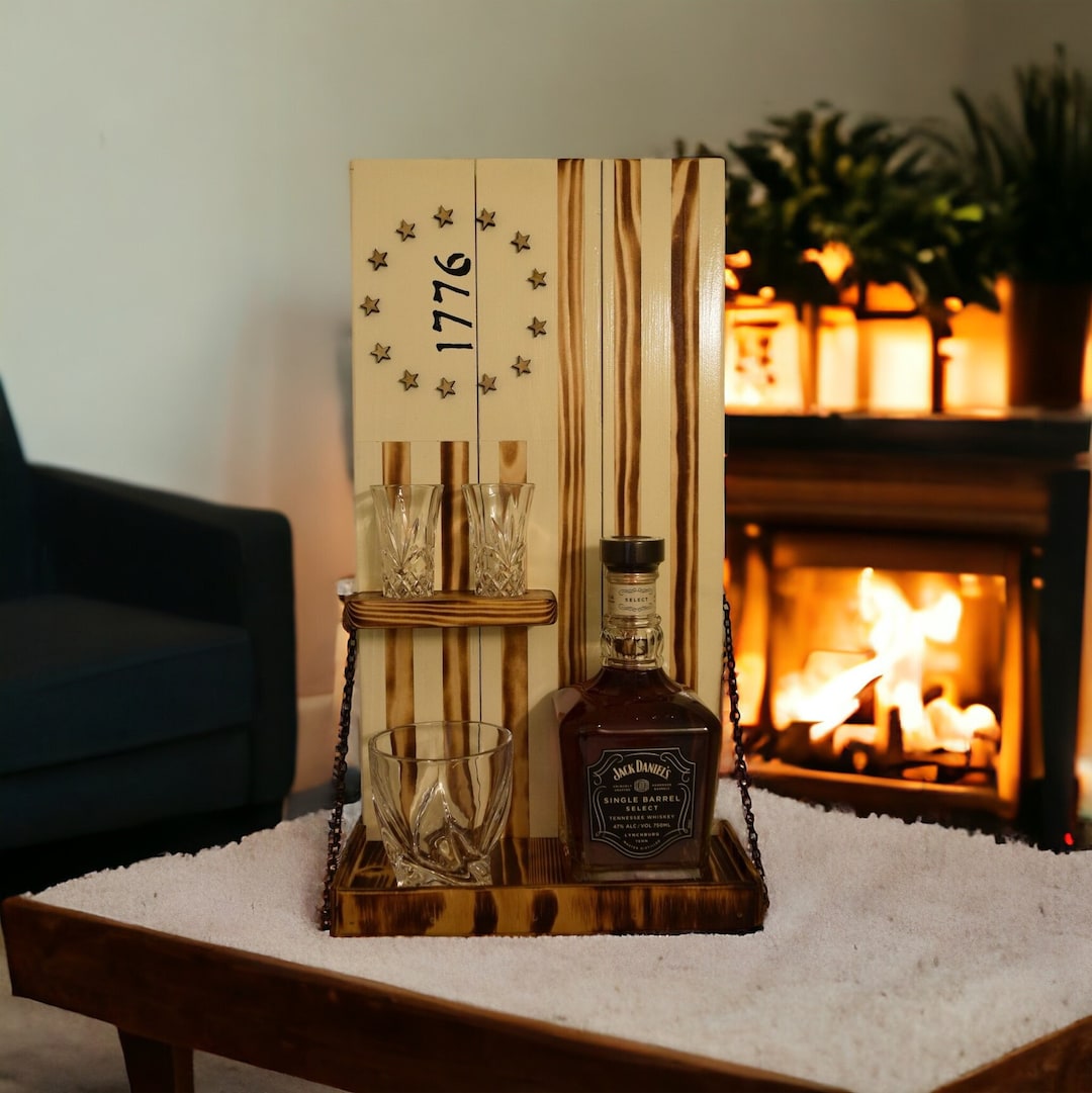 Handmade American 1776 Flag Whiskey Rack, Wood Burnt Shot Glass Shelf ...