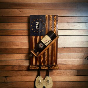 1776 Flag Wine Rack Red, Blue and Wood Burnt, Patriotic Wine Bottle and ...