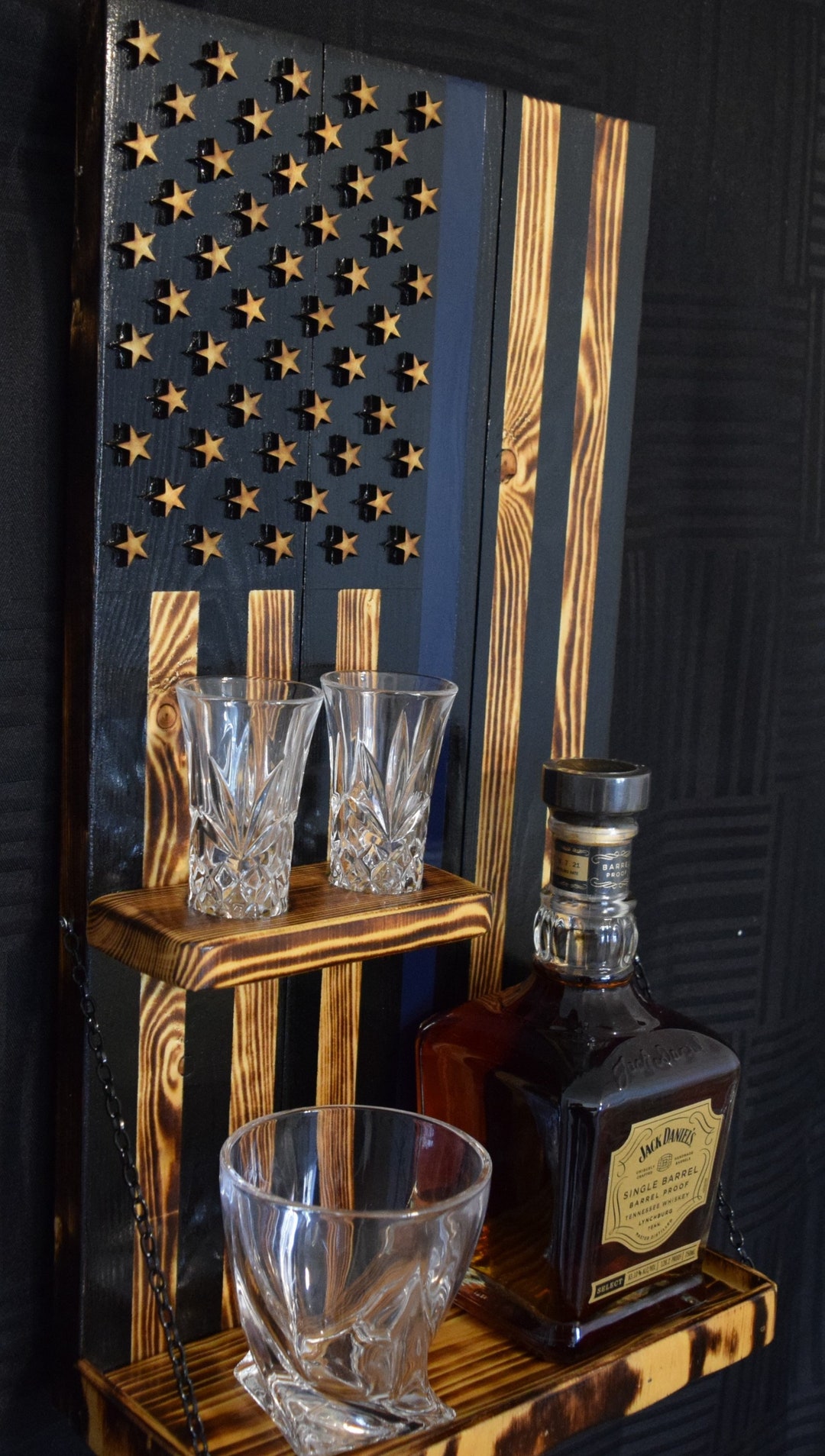 American Flag Whiskey Rack Black Wood Burnt and Blue Line - Etsy