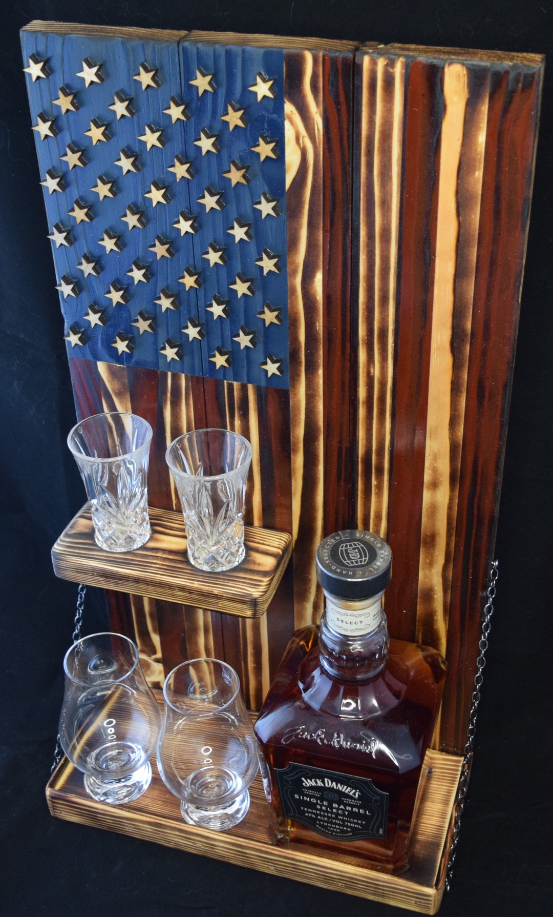 American Flag Whiskey Rack Red, Blue and Wood Burnt, Whiskey Bottle ...