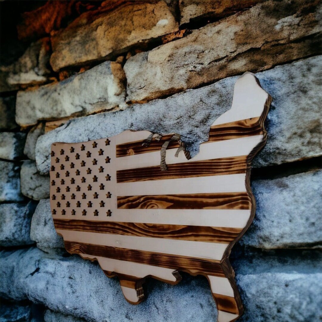 Small United States Shaped Flag in White and Wood Burnt, American Flag ...