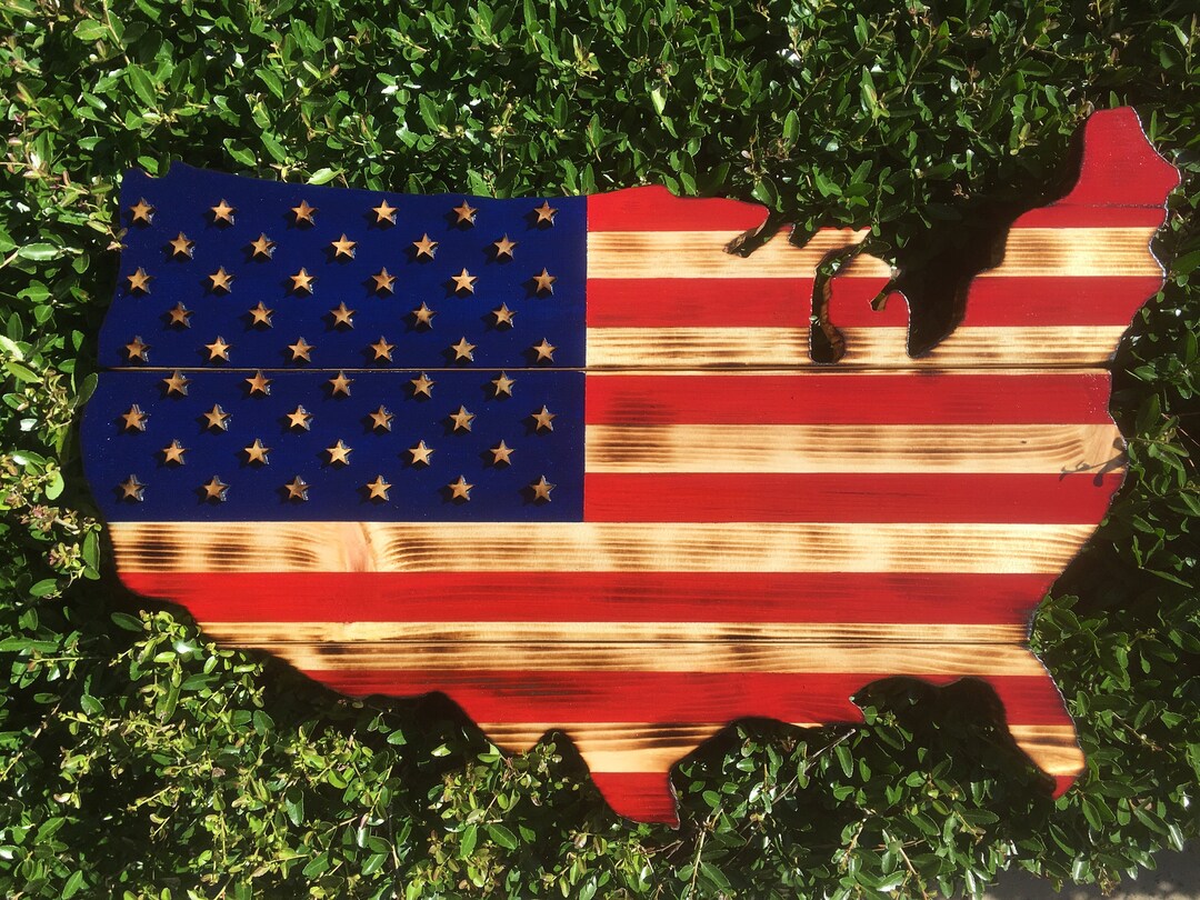 Small United States Shaped Flag in Red, Blue and Wood Burnt, American ...