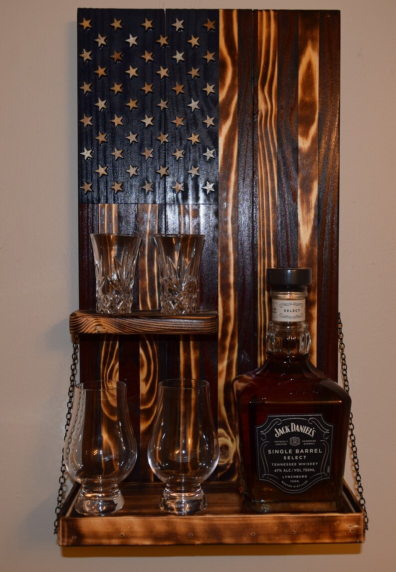 American Flag Whiskey Rack Red, Blue and Wood Burnt, Whiskey Bottle ...