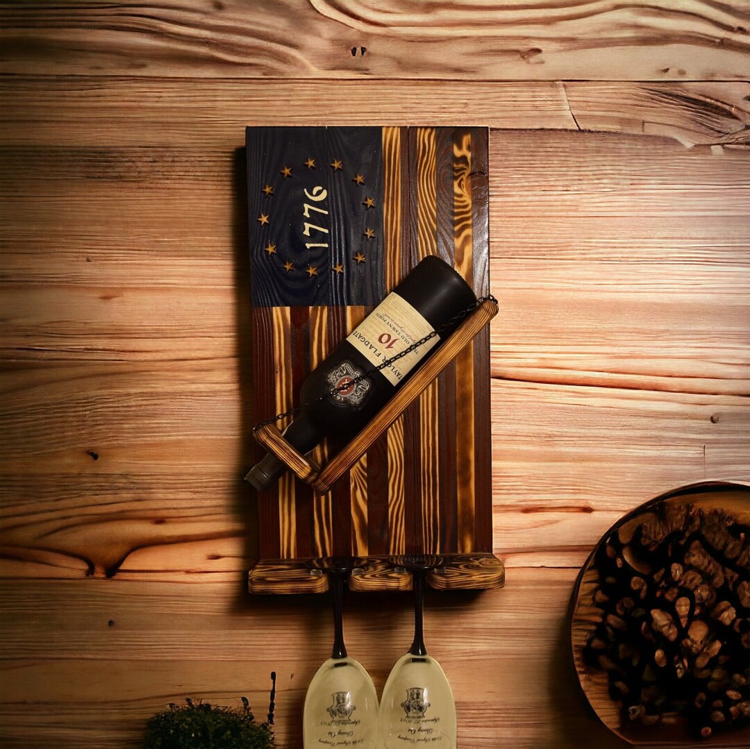 1776 Flag Wine Rack Red, Blue and Wood Burnt, Patriotic Wine Bottle and ...