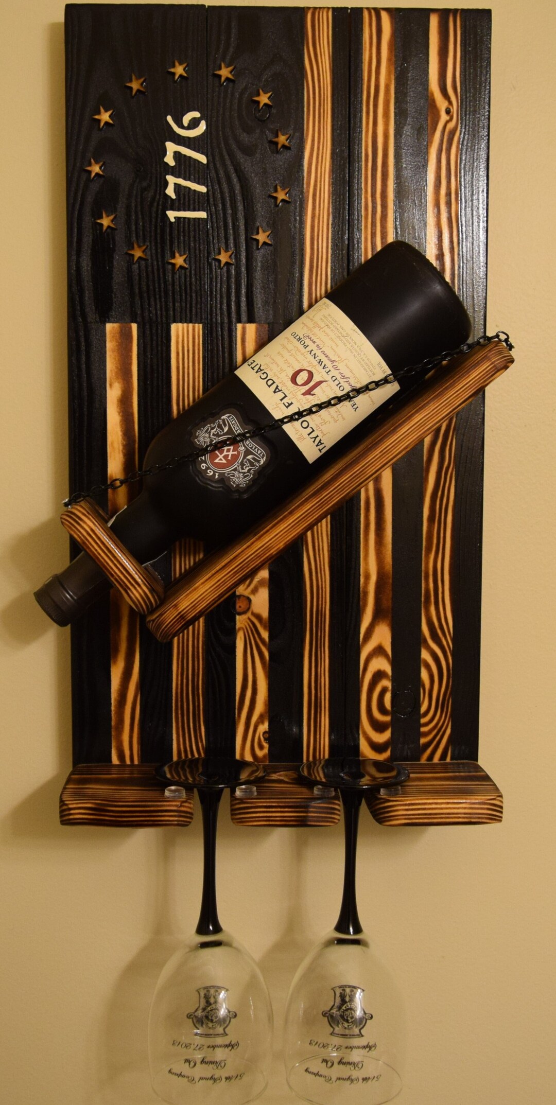 1776 Flag Wine Rack Black and Wood Burnt, Patriotic 1776 Wine Bottle ...