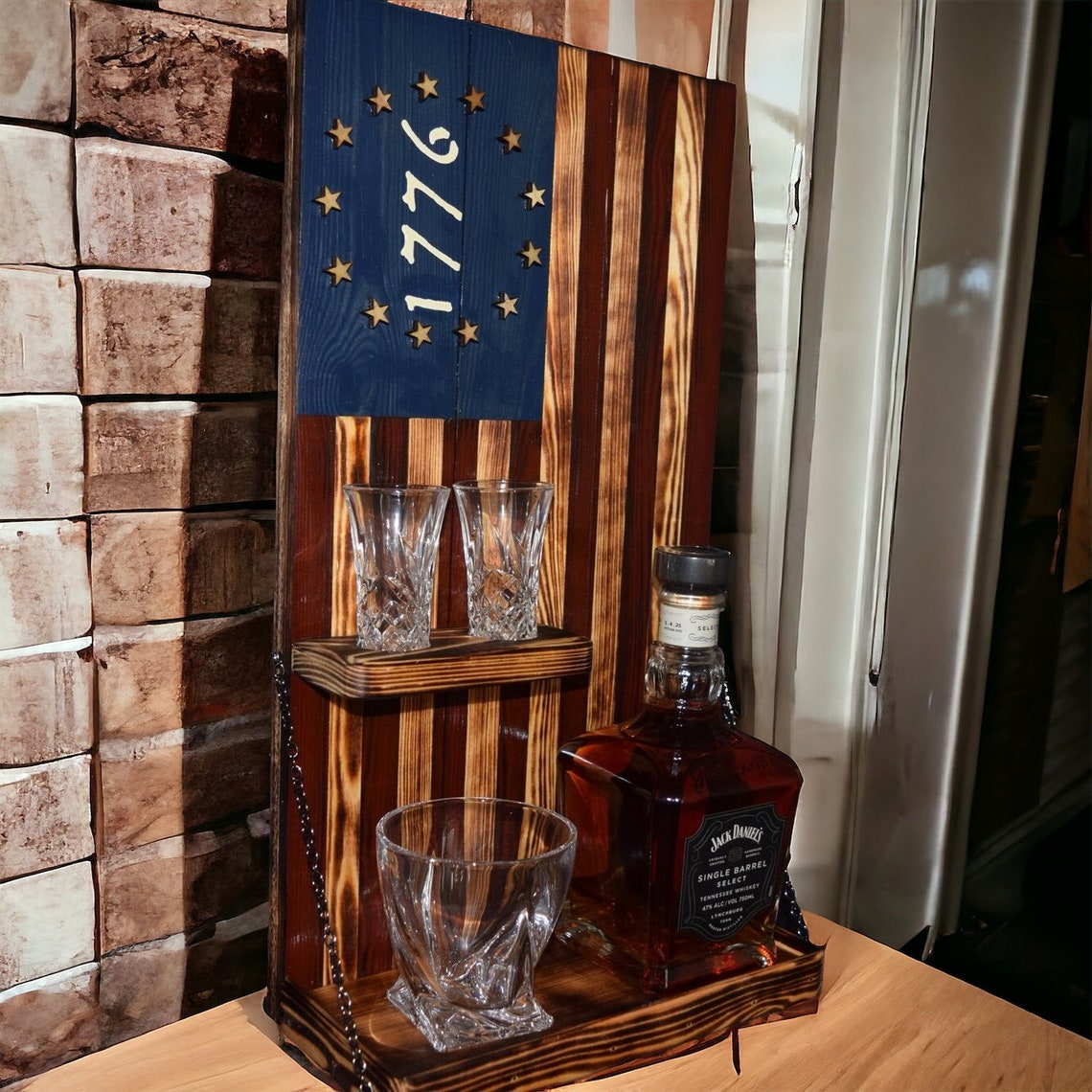 Handmade 1776 Flag Whiskey Rack, Wood Burnt Patriotic Bar Decor - Etsy