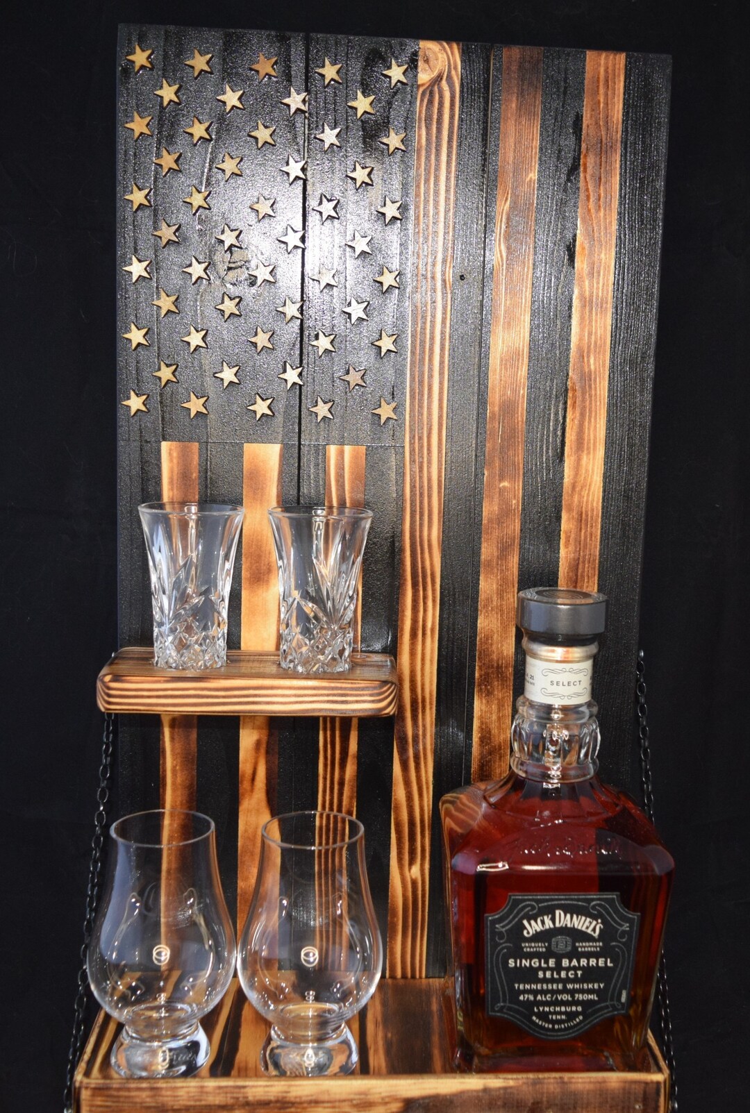 American Flag Whiskey Rack Black and Wood Burnt, Patriotic Whiskey ...