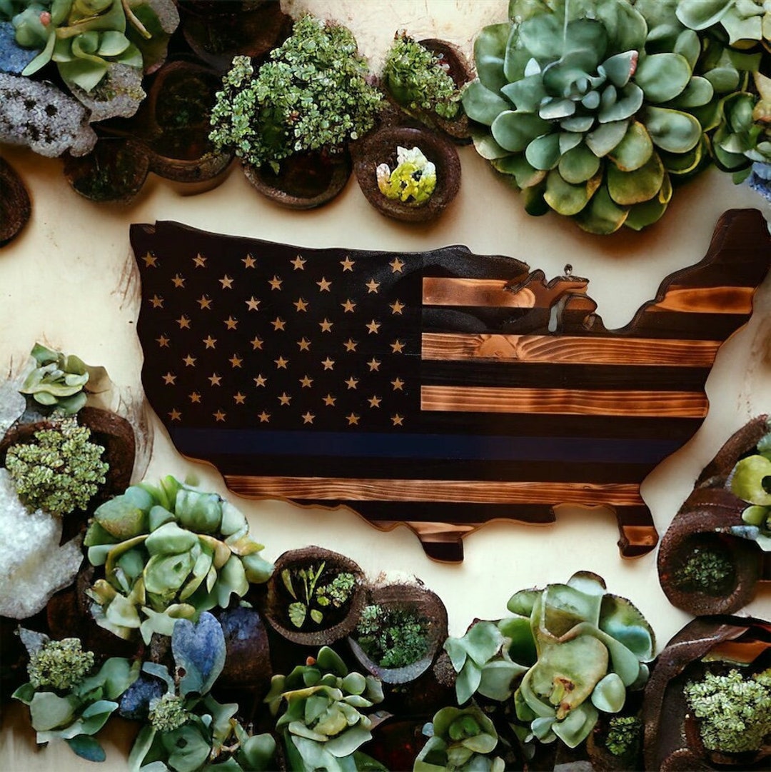 Small United States Shaped Flag in Black With Thin Blue Line and Wood ...