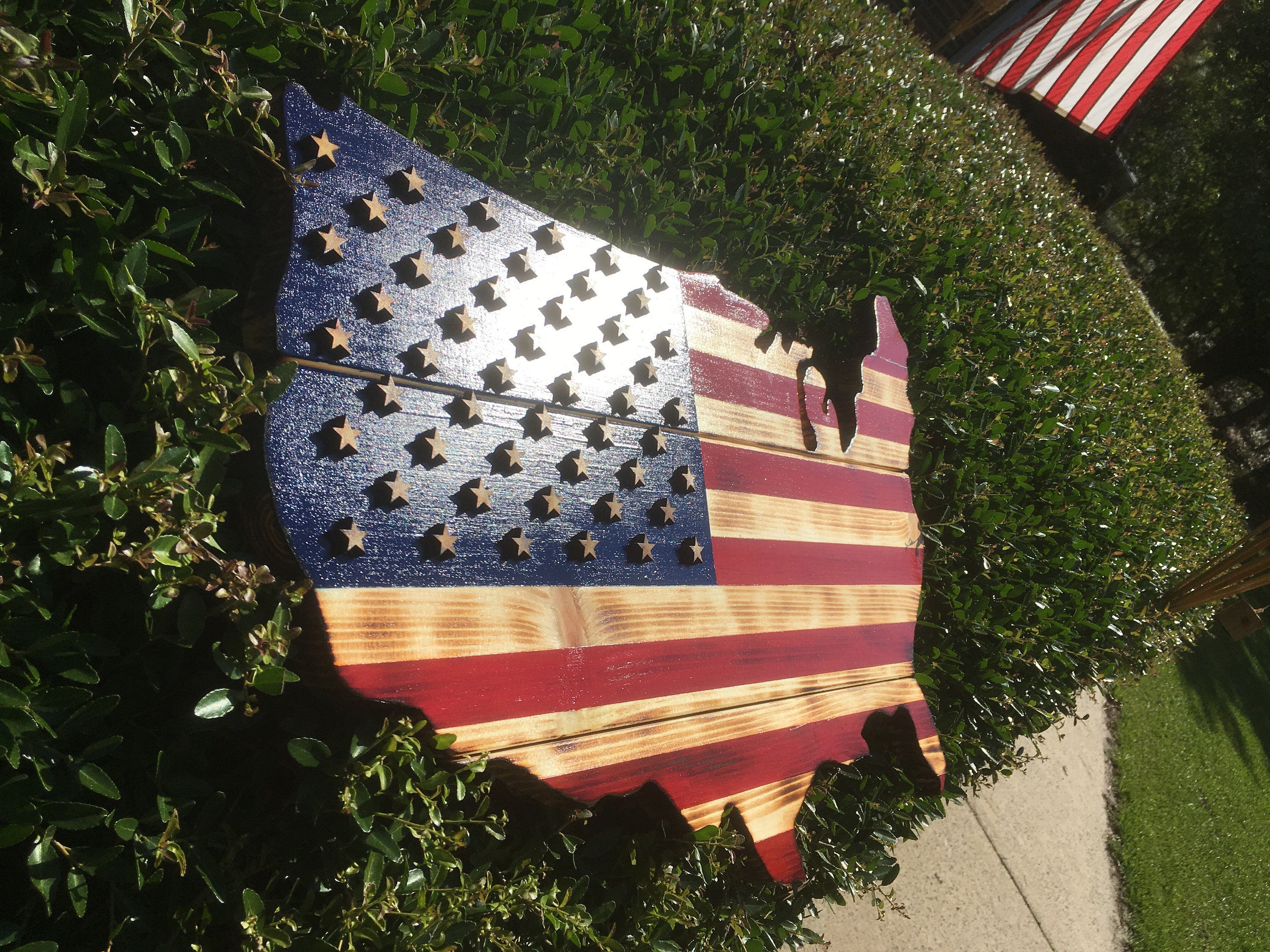 Small United States Shaped Flag in Red Blue and Wood Burnt | Etsy