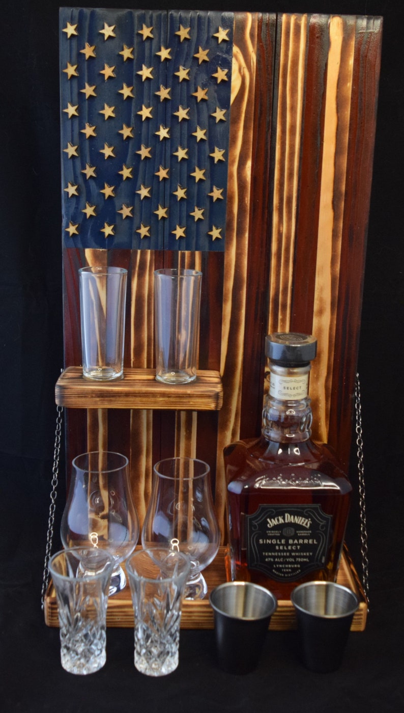 American Flag Whiskey Rack Red Blue and Wood Burnt Whiskey - Etsy