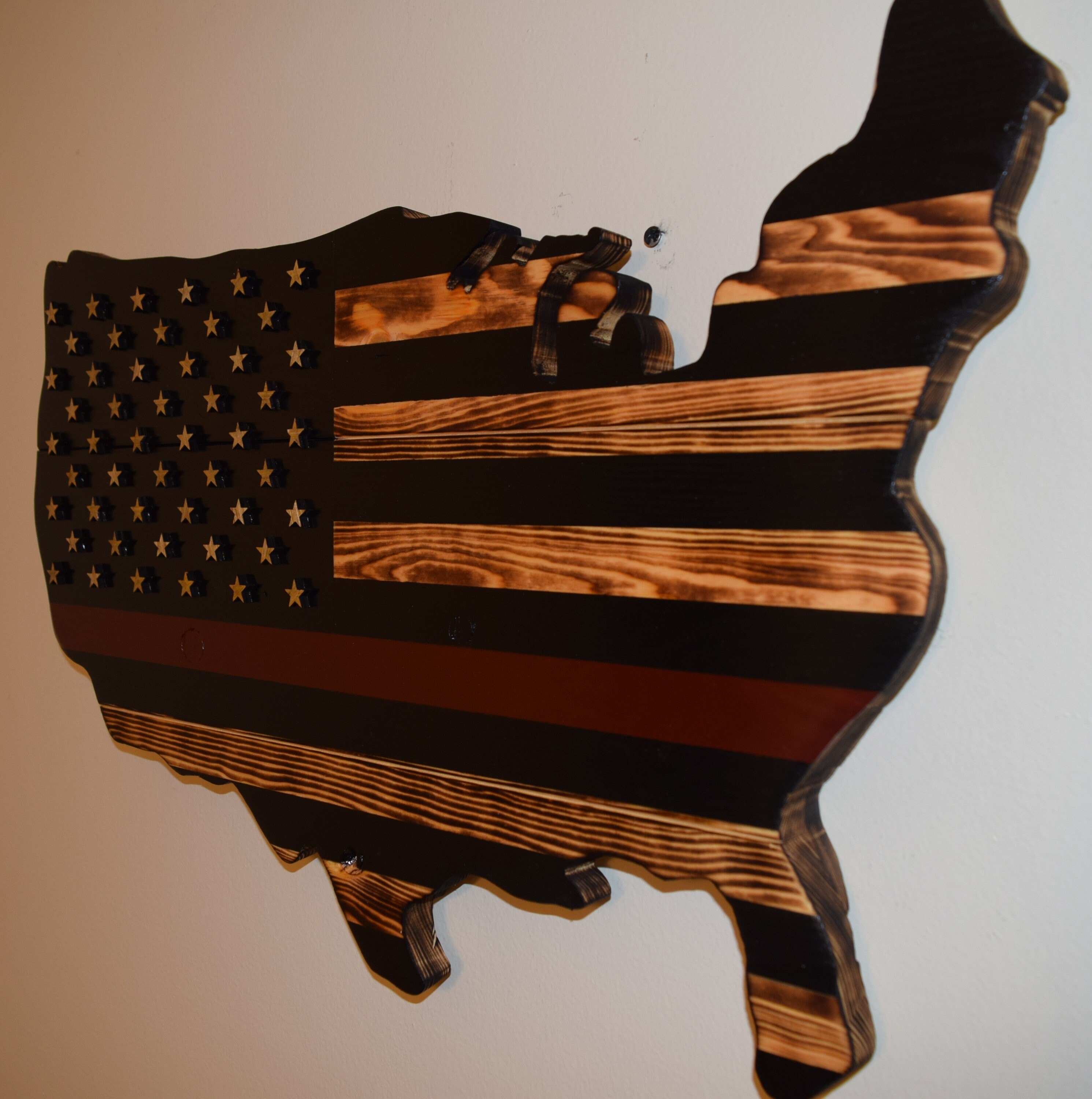 Small United States Shaped Flag in Black With Thin Red Line and Wood ...
