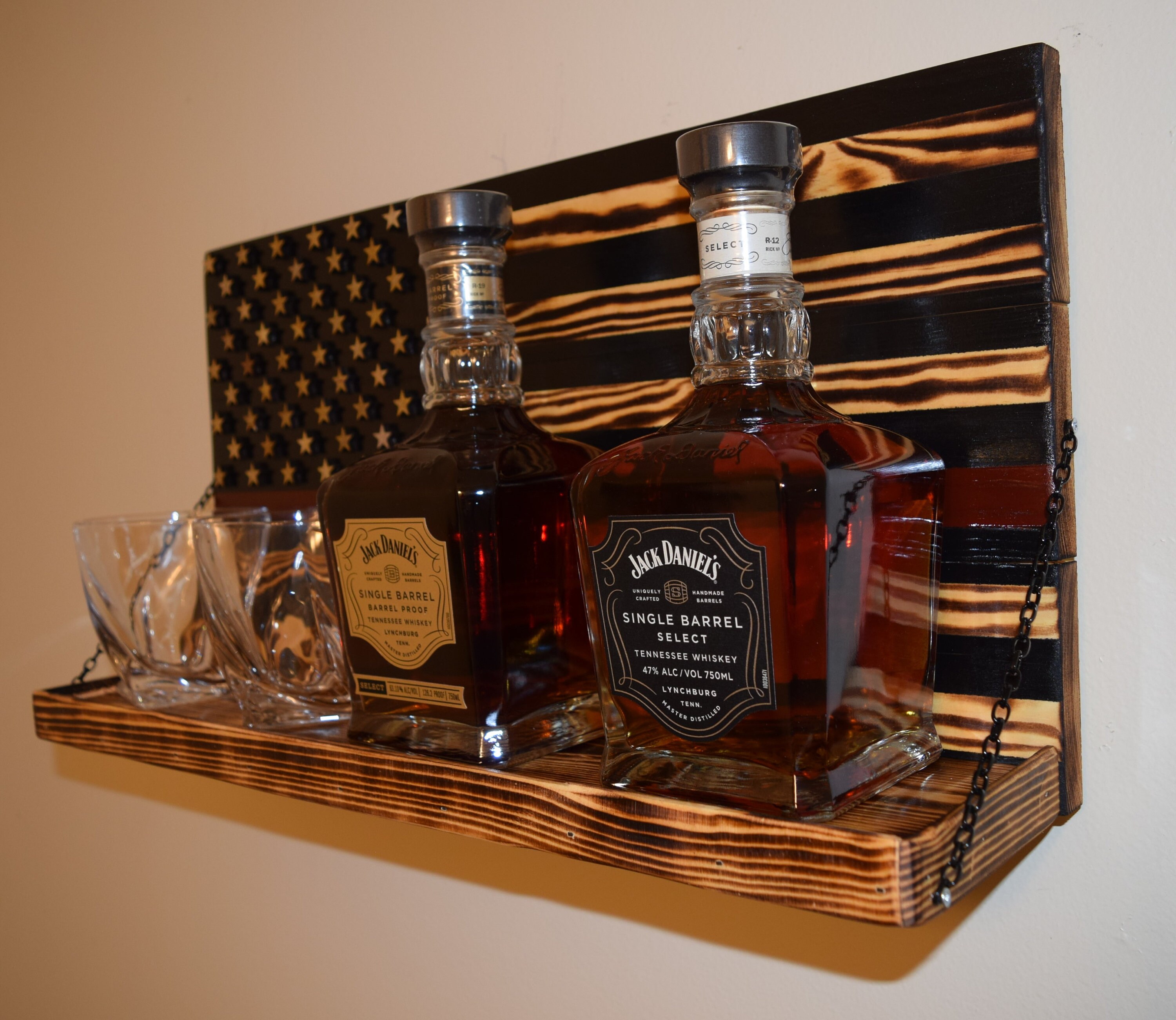 American Flag Whiskey Rack Black and Wood Burnt With Red Line, Whiskey ...