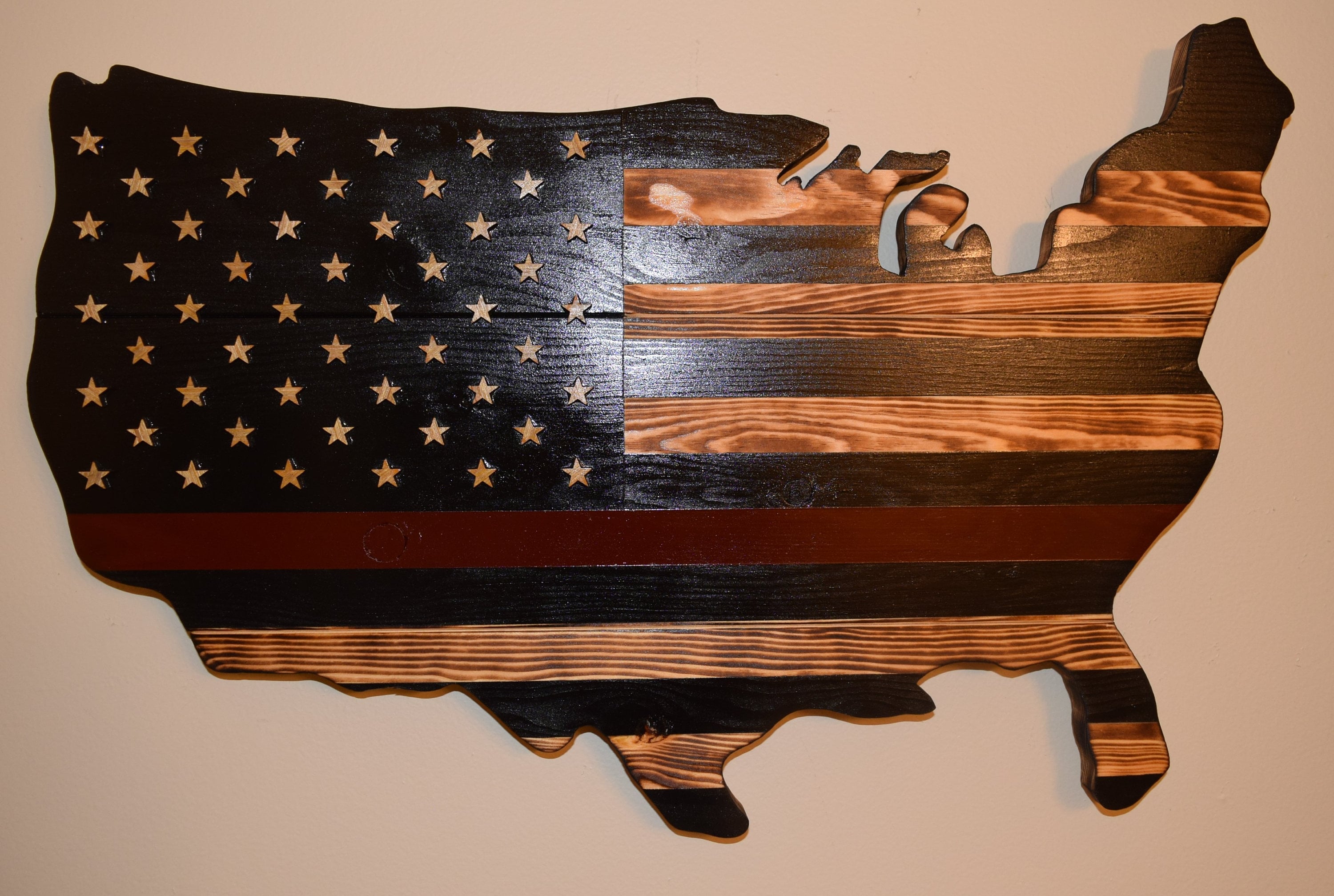 Small United States Shaped Flag in Black With Thin Red Line and Wood ...