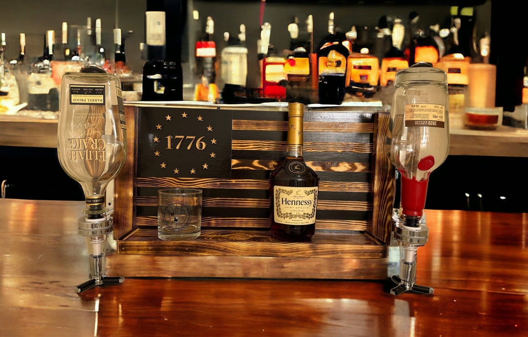 American Flag 1776 Whiskey Rack Black and Wood Burnt Dispenser, Whiskey ...