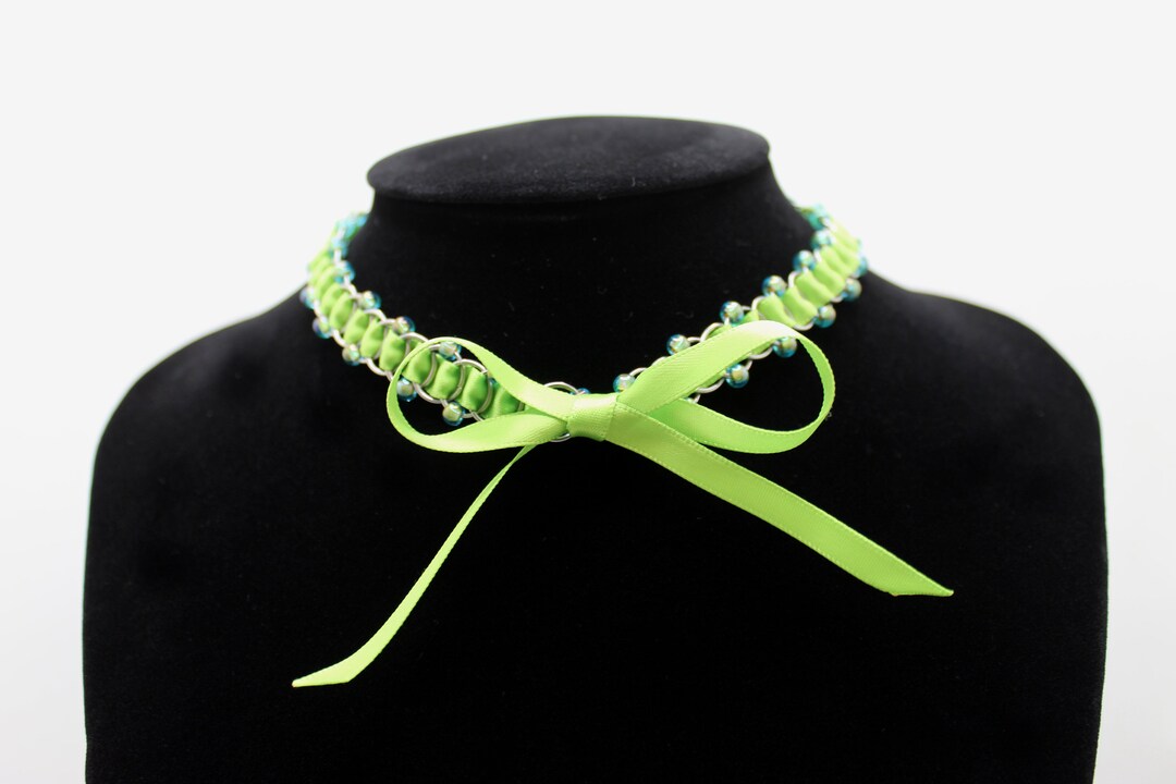 Green Ribbon Chainmail Choker With Glass Beads - Etsy