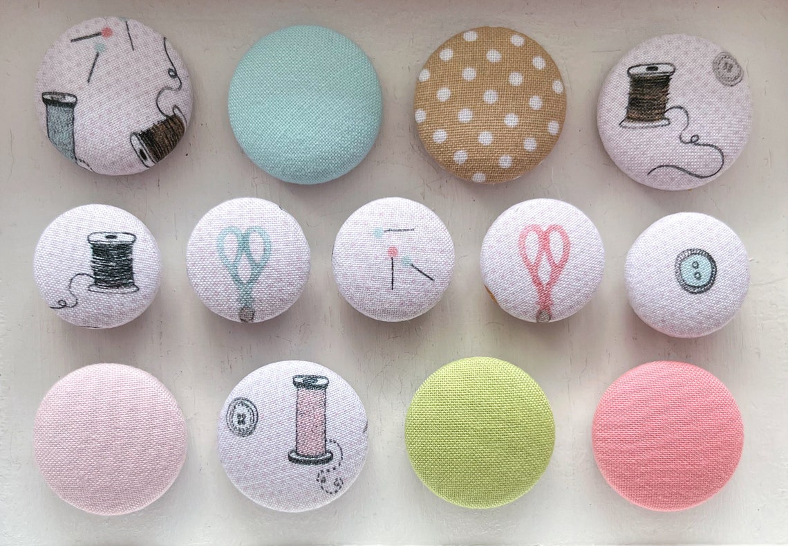 Retro Sewing Notions Fabric Button Magnets: Pink Kitchen Decor, Set of ...