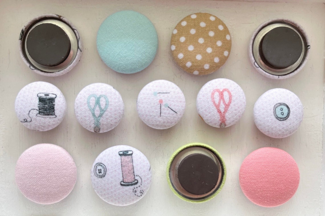 Retro Sewing Notions Fabric Button Magnets: Pink Kitchen Decor, Set of ...
