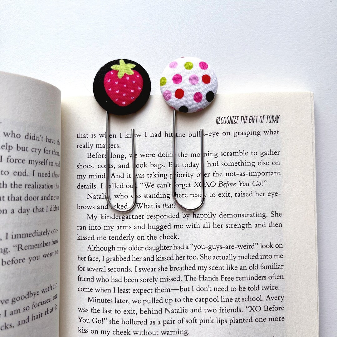 Retro Pink Strawberry Polka Dot Fabric Button Bookmark, Paperclip ...