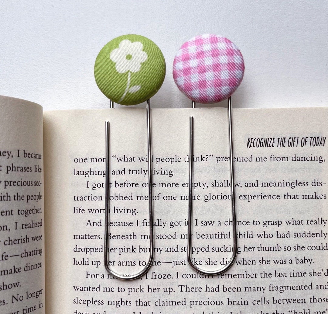 Retro Flower Fabric Button Bookmark, Pink and Green Paperclip Bookmarks ...