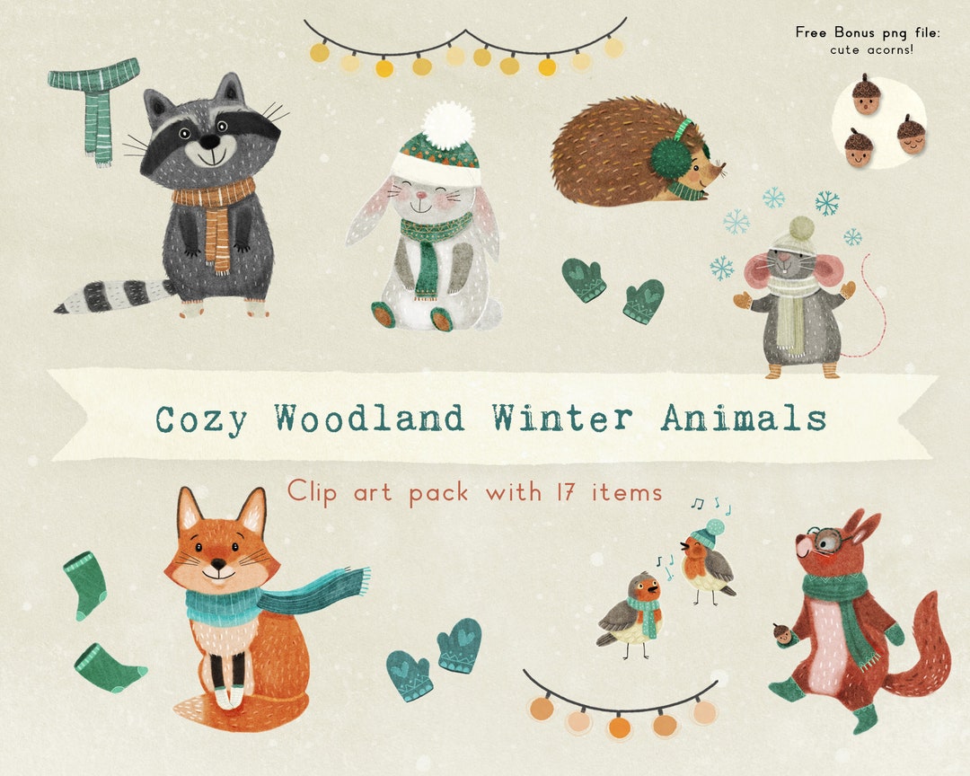 Clipart Set Cozy Woodland Winter Animals Cute Woodland Animals Clip Art ...