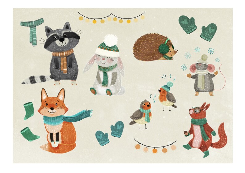 Clipart Set Cozy Woodland Winter Animals Cute Woodland Animals Clip Art ...