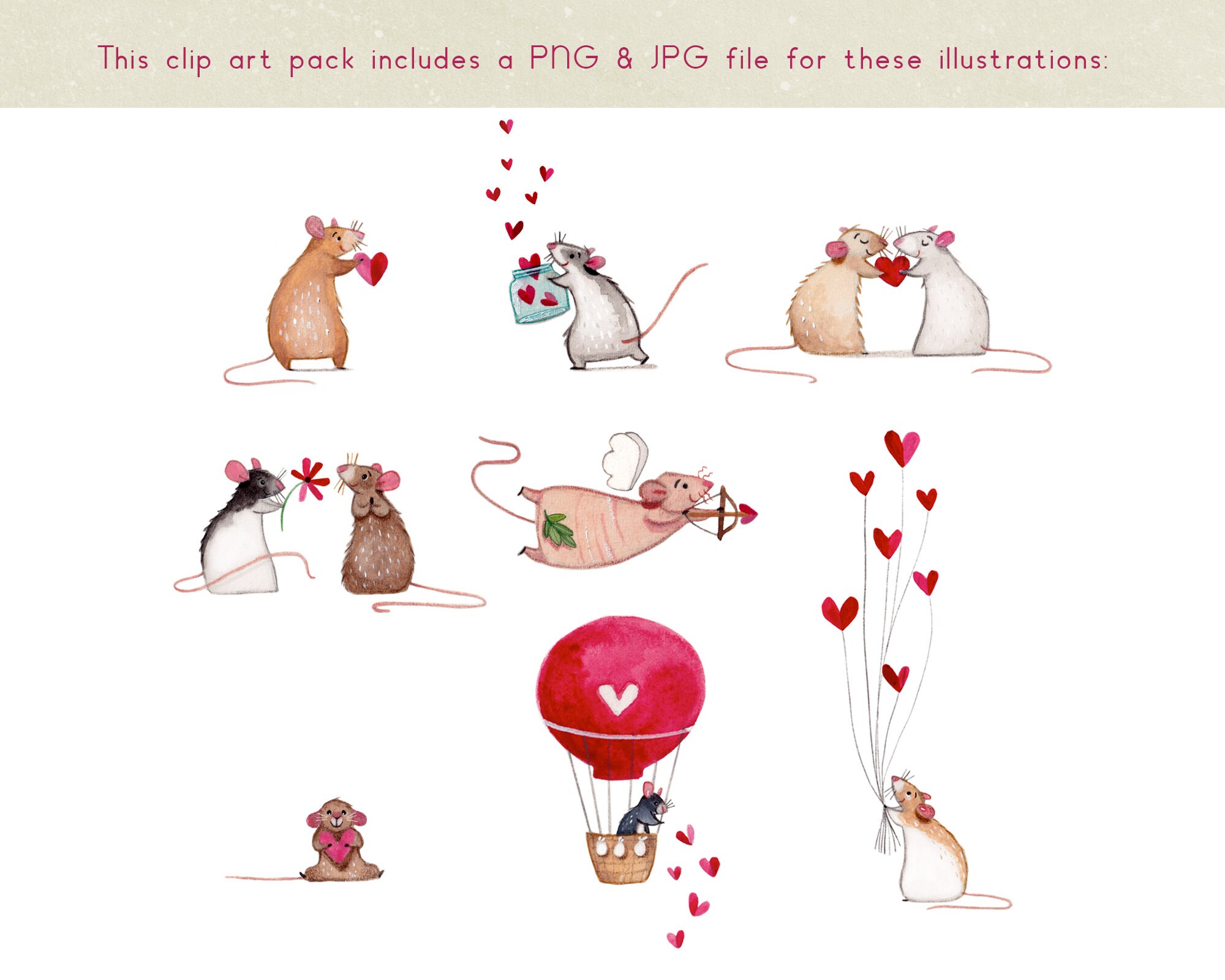 Clipart Set Love Ratties Rats in Love Handmade Water Color - Etsy
