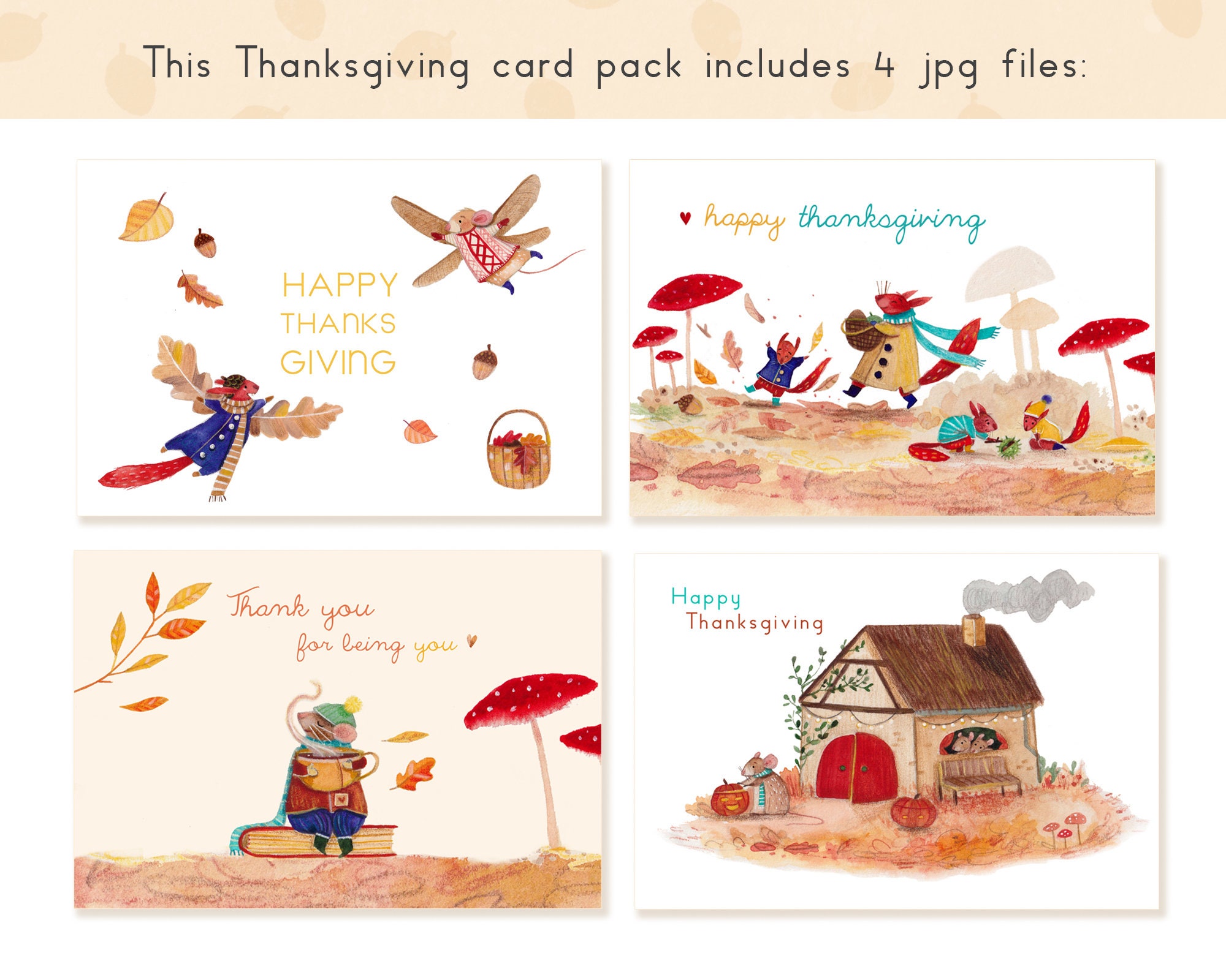 4 Printable Thanksgiving Cards Hand Painted and Ready to Print ...
