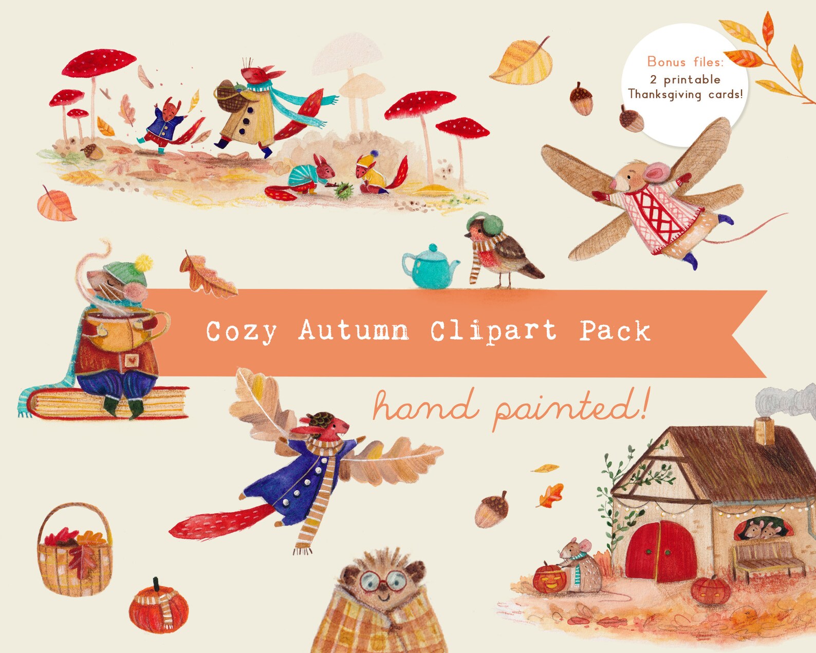Cozy Autumn Clipart Pack Hand Painted Printable Autumn and Thanksgiving ...