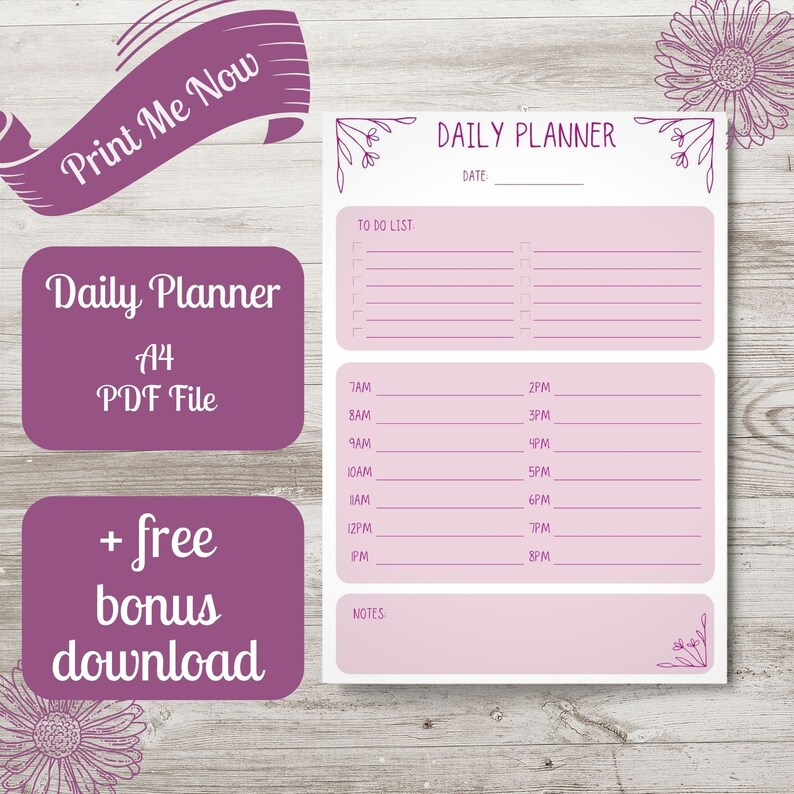 Pink A4 Daily Planner Plus FREE BONUS Worksheet Printable Organiser to ...
