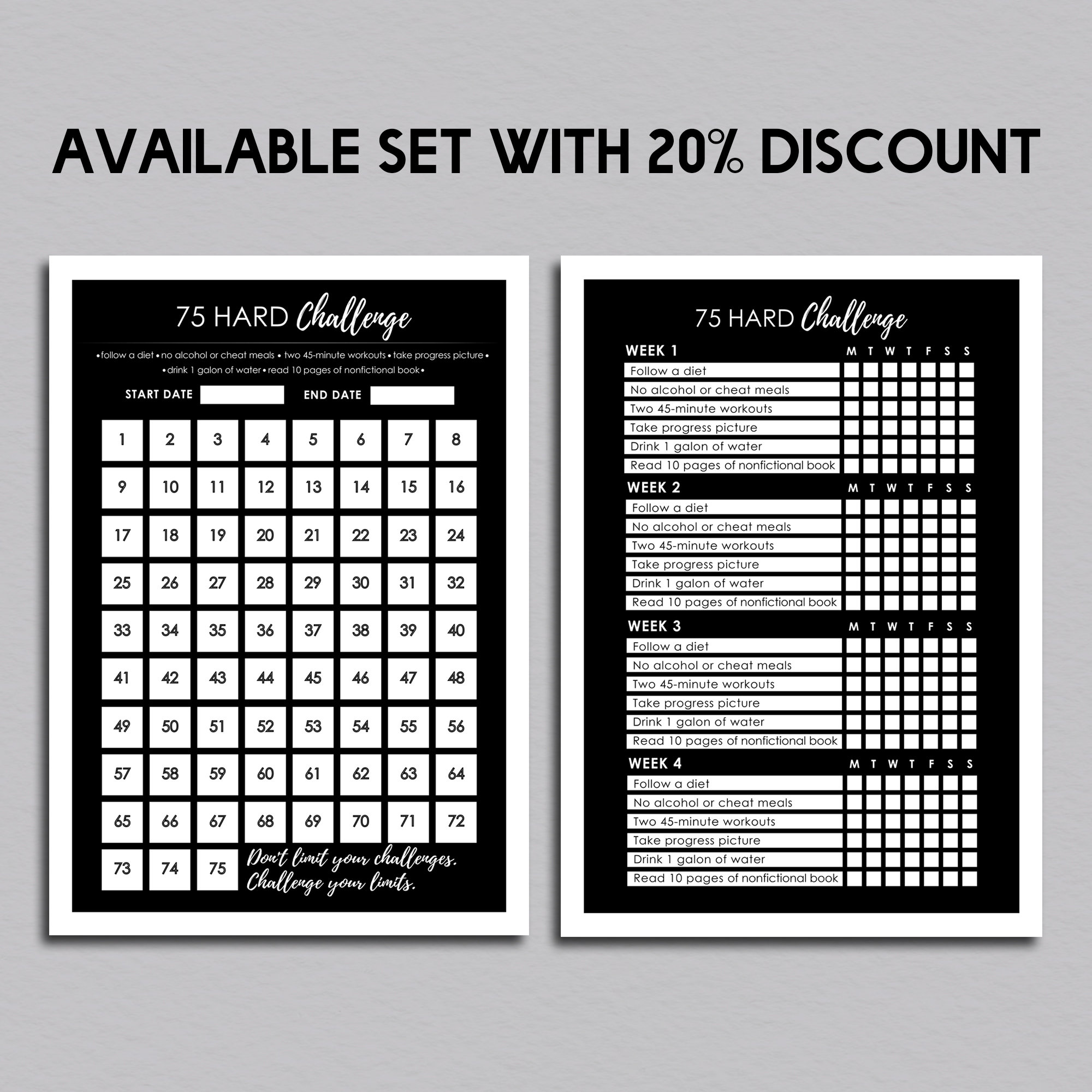 75 HARD CHALLENGE TRACKER Progress Tracker Print Fitness | Etsy