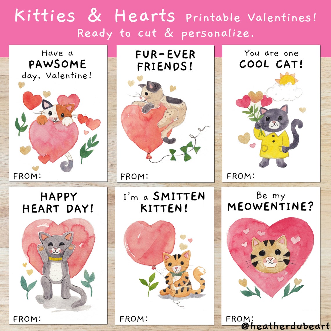 Adorable Kitten Valentine's Day Cards / Printable Cat Valentines / Kids ...