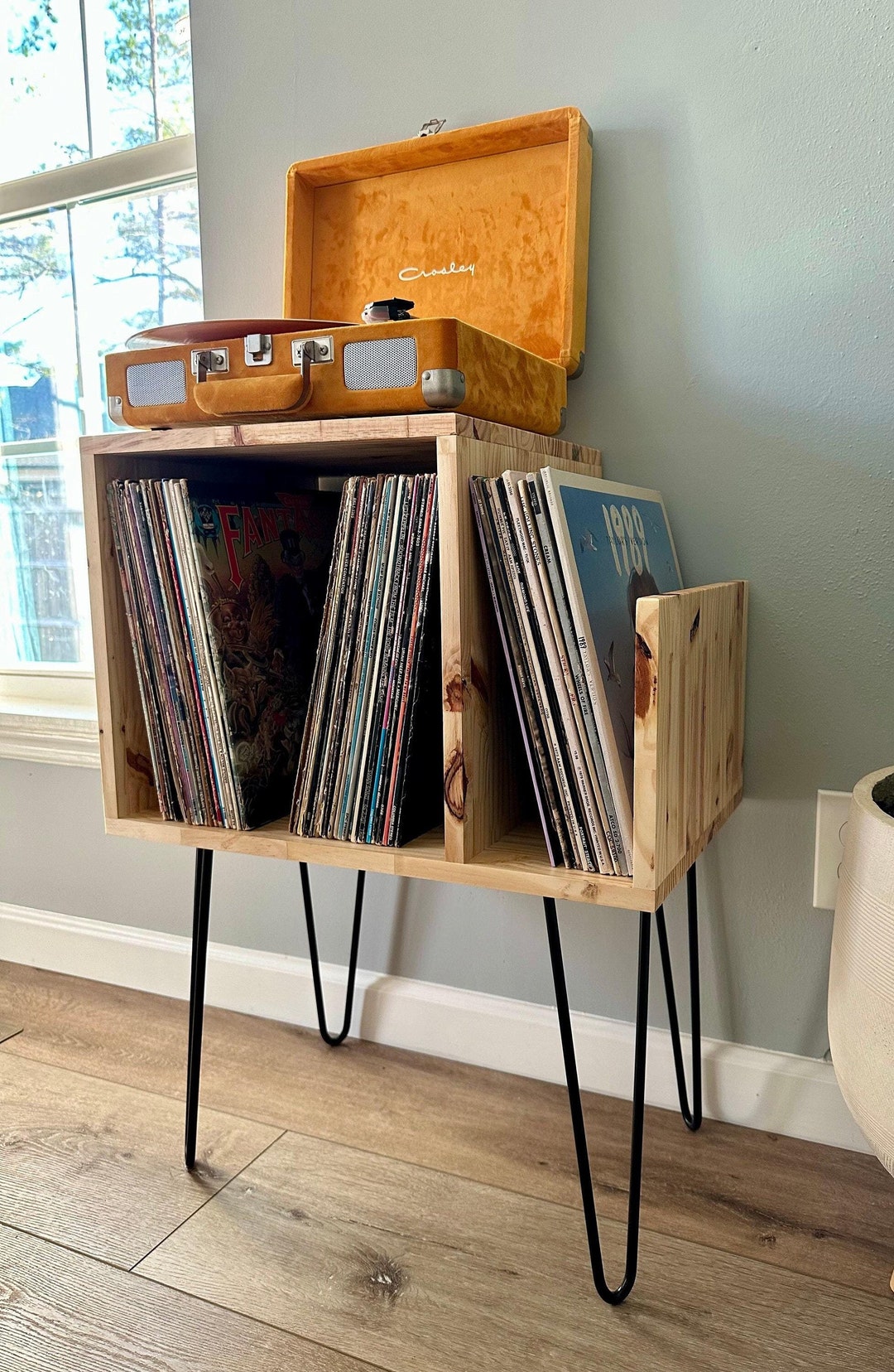 Handcrafted Vinyl Record Player Stand: Natural Wood Turntable Storage ...