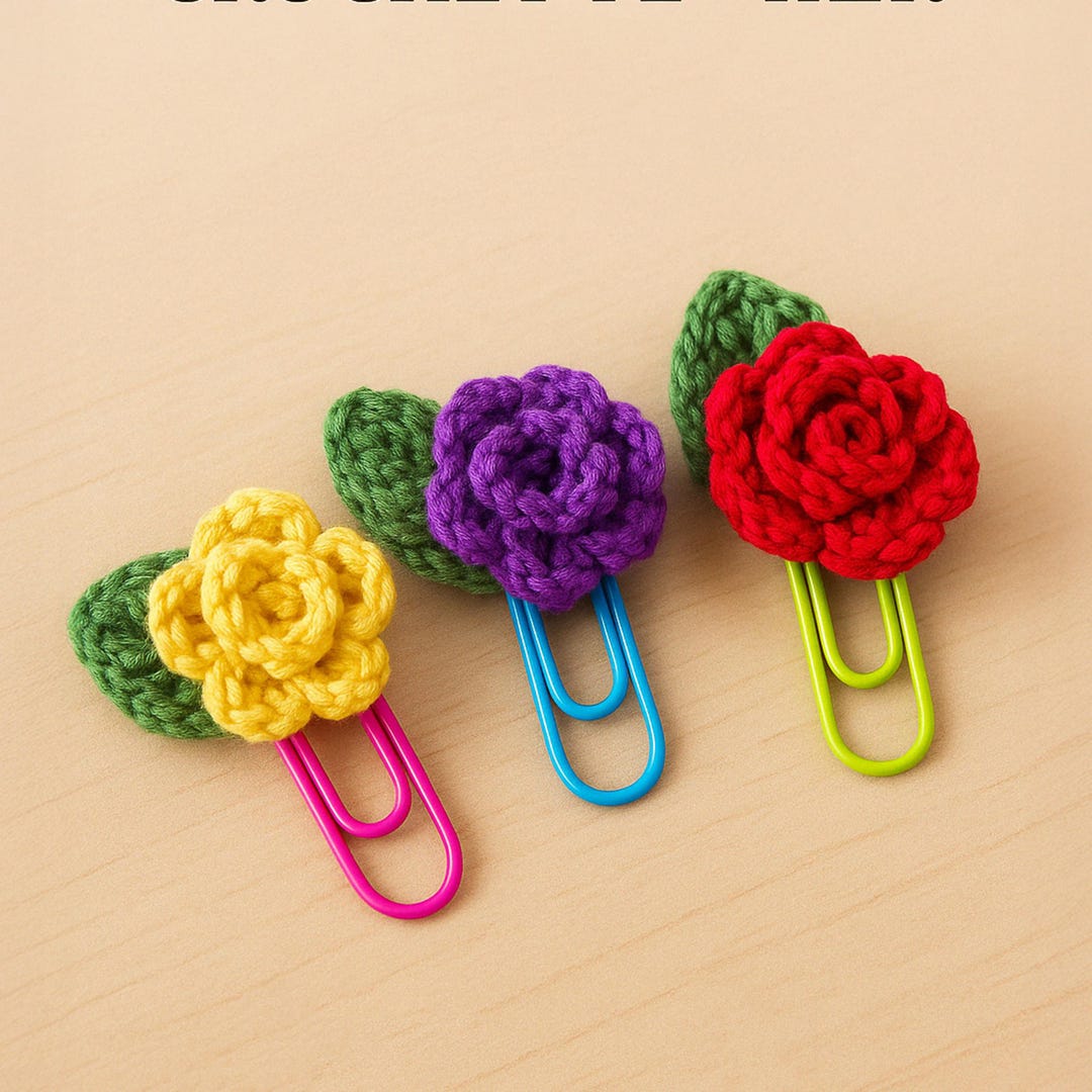 Micro Crochet Rose Paper Clip Bookmark, Cute Floral Planner Accessories ...