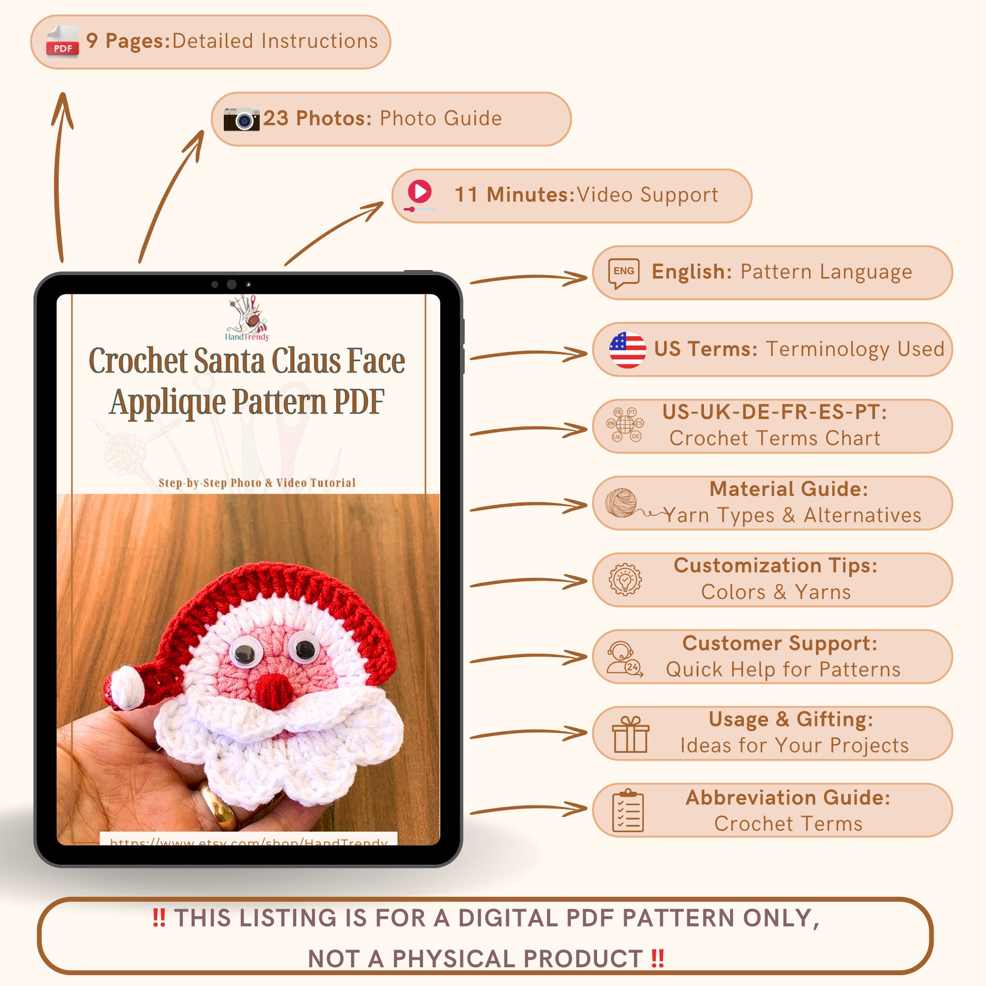 Crochet Santa Claus Face Applique - Crochet Xmas Tree Decor - Beginner ...