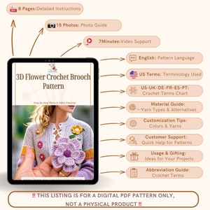 3D Flower Crochet Brooch Pattern Easy Crochet Flower Motif Pattern for ...