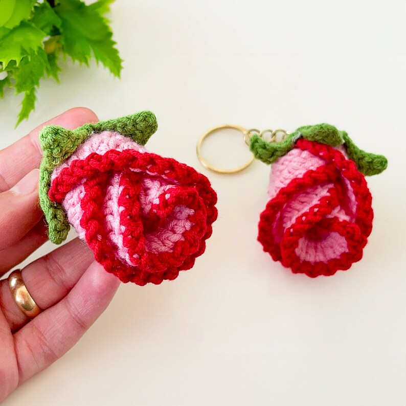 Crochet Rose Keychain Pattern PDF – 3D Flower Tutorial for Bag Charm ...