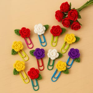 Micro Crochet Rose Paper Clip Bookmark, Cute Floral Planner Accessories ...