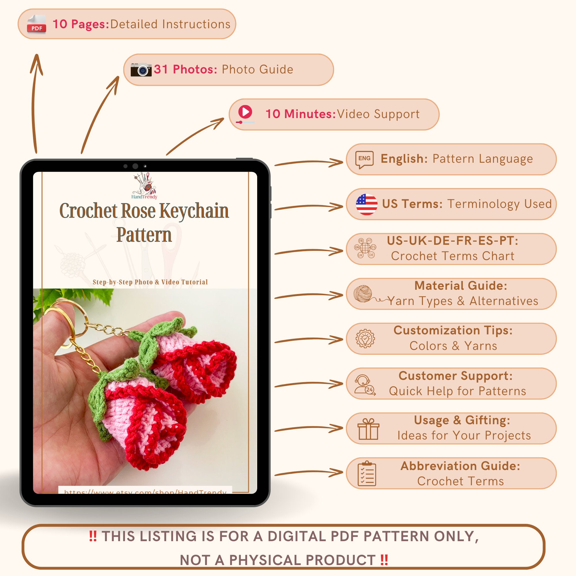 Crochet Rose Keychain Pattern PDF – 3D Flower Tutorial for Bag Charm ...