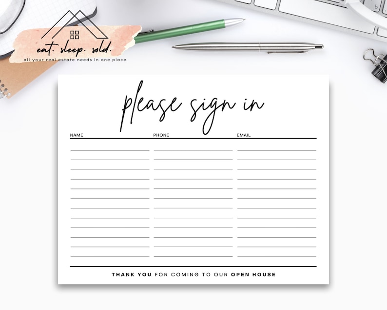 Open House Sign-in Sheet Real Estate Marketing Instant Download PDF ...