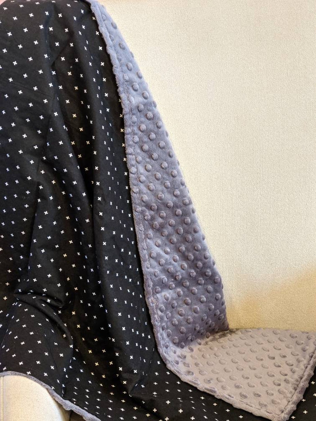 Blanket Black and White Gender Neutral Plus Signs With Gray Minky Dot ...