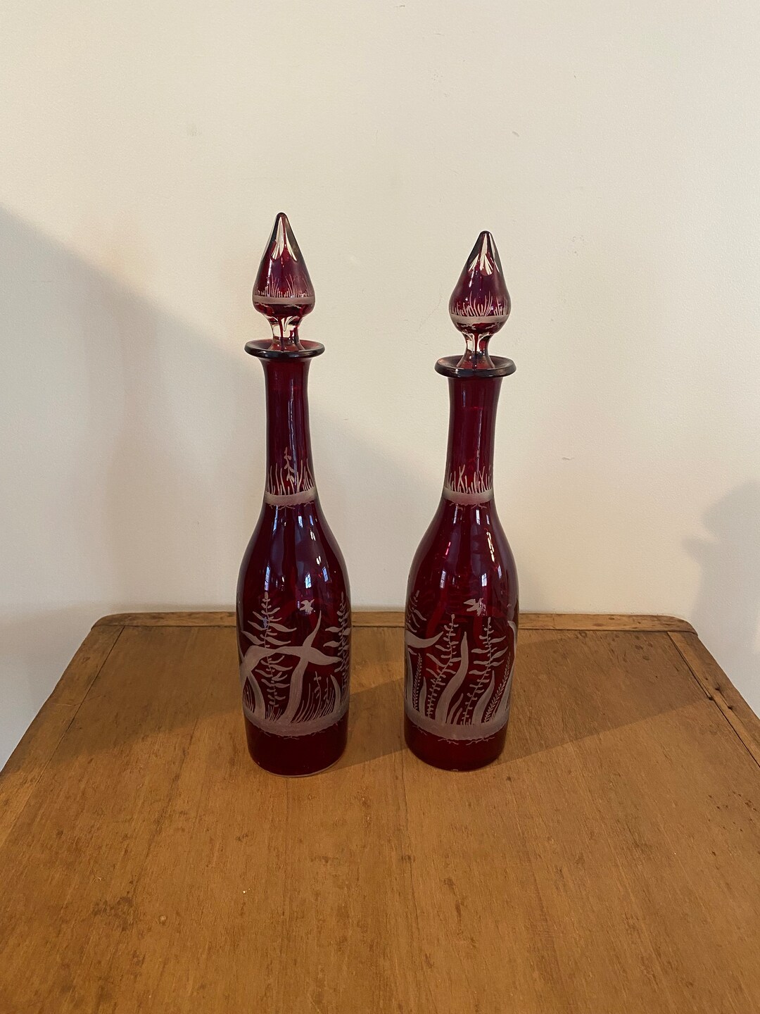 Bohemian Decanter Ruby Red Glass Flashed and Etched With Stoppers ...