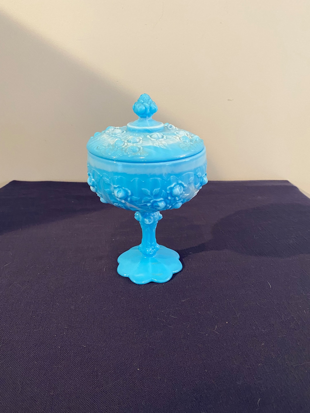 Blue Slag Glass Pedastal Lidded Candy Dish Cabbage Rose Fenton - Etsy