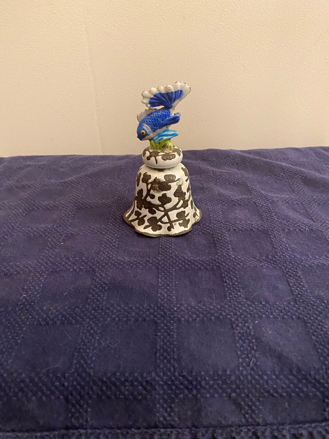 Antique Qing Chinese White Enamel Bell Fish Finial Glass Bead Clapper ...