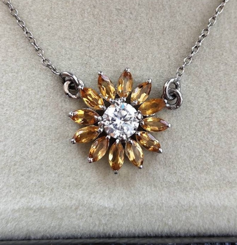 Garnet Citrine Sunflower Necklace Round Citrine Cluster Flower Necklace ...