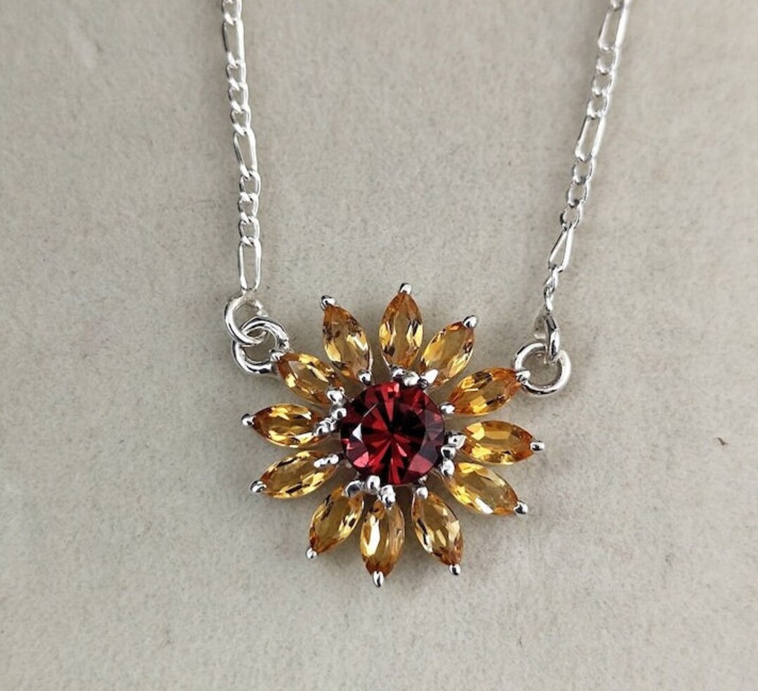 Garnet Citrine Sunflower Necklace Round Citrine Cluster Flower Necklace ...
