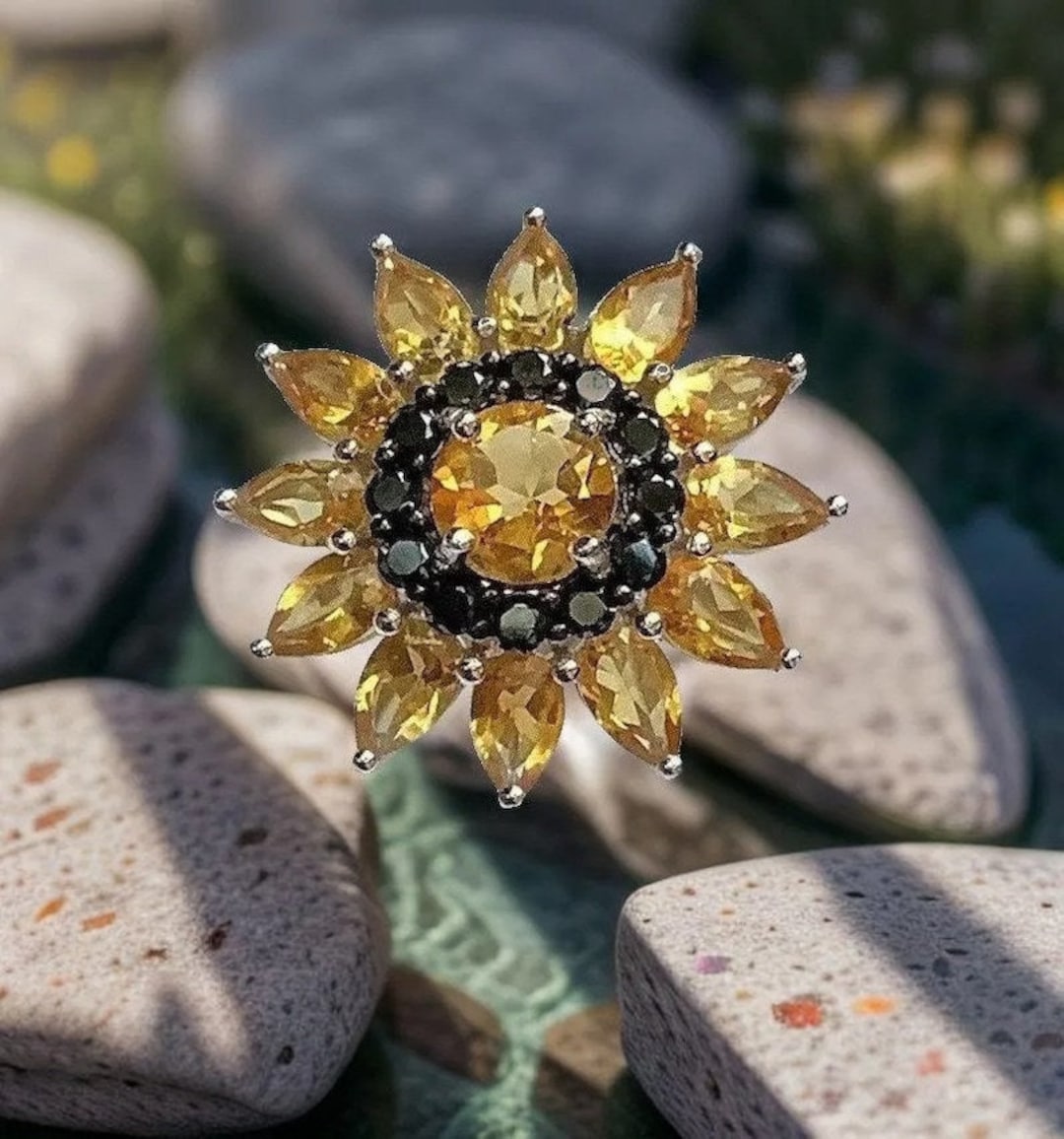Golden Sunflower Necklace Sunflower Gemstone Ring Necklace Earrings Set ...