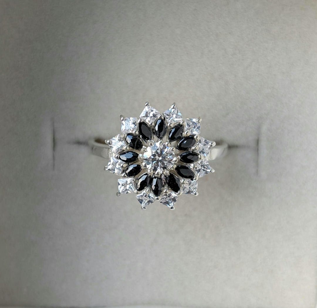 Moissanite Black Flower Ring for Her Moissanite Cluster Marquise Flower ...